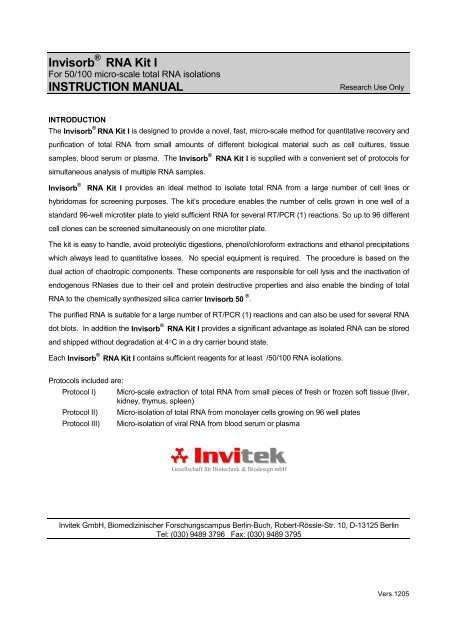 Invisorb RNA Kit I INSTRUCTION MANUAL - Ibl.or.at
