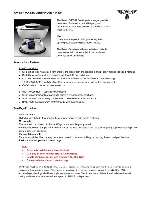 RAVEN PROCESS CENTRIFUGE F-10300 - AquaOnDemand