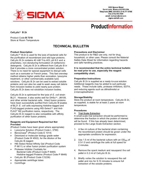 CelLytic™ B Cell Lysis Reagent (B7310) - Bulletin - Sigma-Aldrich