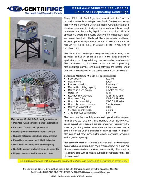 Model A540 Automatic Self-Cleaning - US Centrifuge