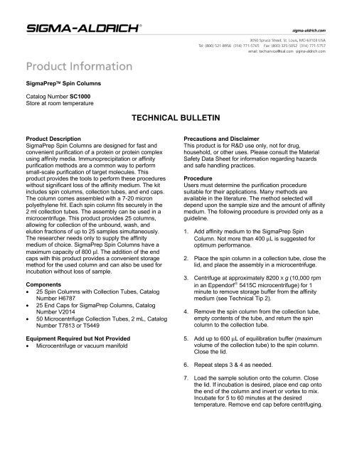 SigmaPrep Spin Columns (SC1000) - Technical ... - Sigma-Aldrich