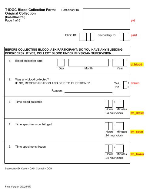 T1DGC Blood Collection Form: Original Collection