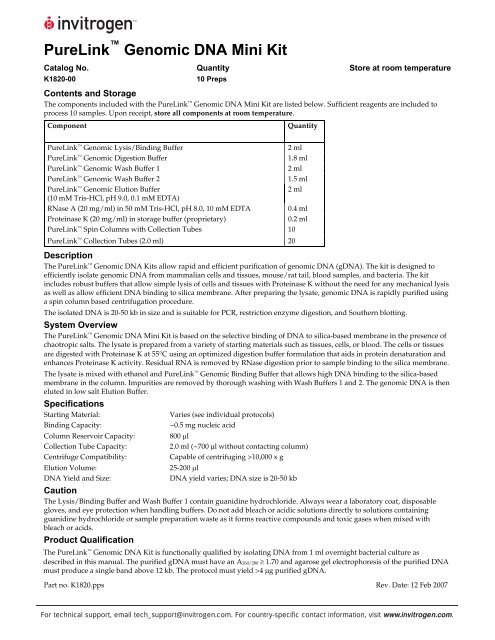 PureLink™ Genomic DNA Mini Kit - Invitrogen