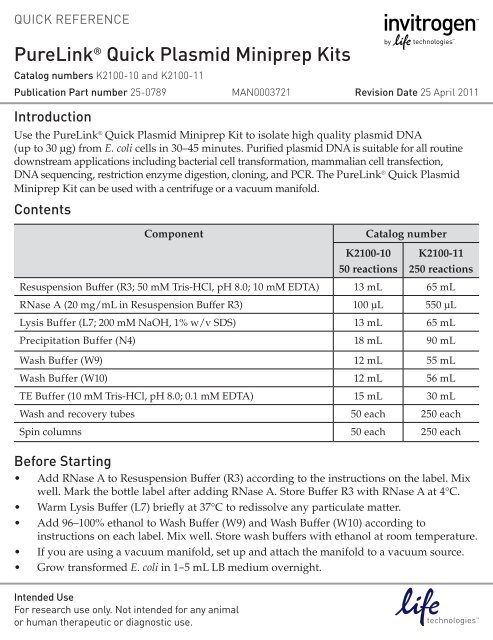 PureLink® Quick Plasmid Miniprep Kits - Invitrogen