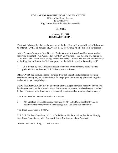 January 11, 2011 - the Egg Harbor Township School District