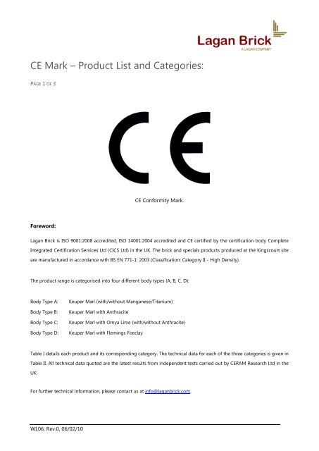 CE Mark – Product List and Categories: - Lagan Brick Ltd Website