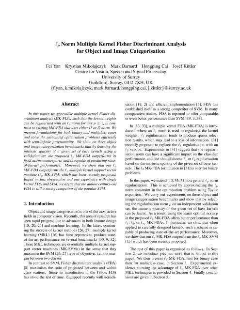 lp Norm Multiple Kernel Fisher Discriminant Analysis for Object and ...