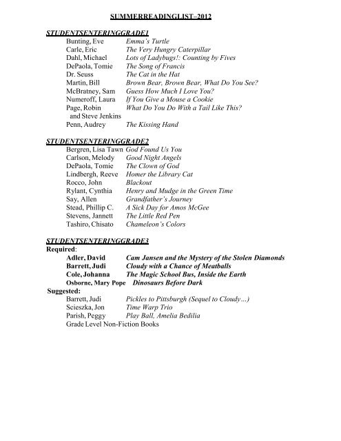 Reading List for Grades 1 to 8 - St. Joseph School