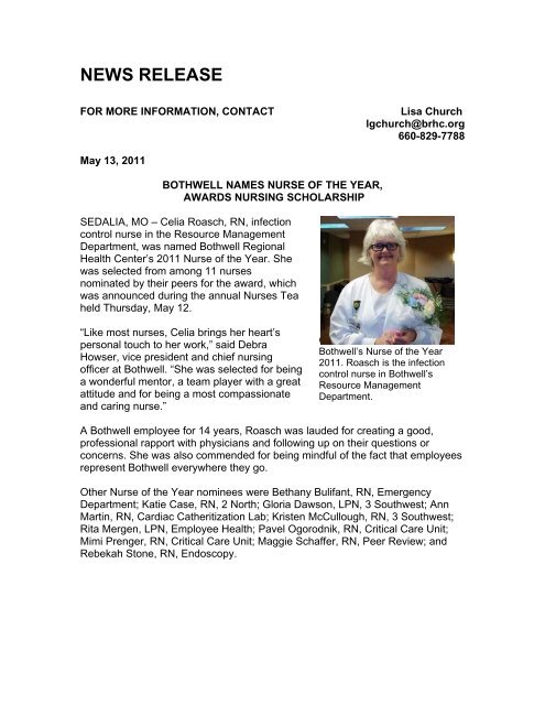 NEWS RELEASE - Bothwell Regional Health Center