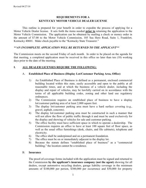 Requirements for a Kentucky Motor Vehicle Dealer License