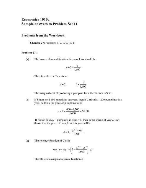 Economics 1010a Sample answers to Problem Set 11 - iSites