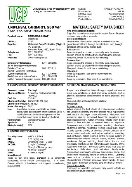 universal carbaryl 850 wp material safety data sheet - Villa Crop ...
