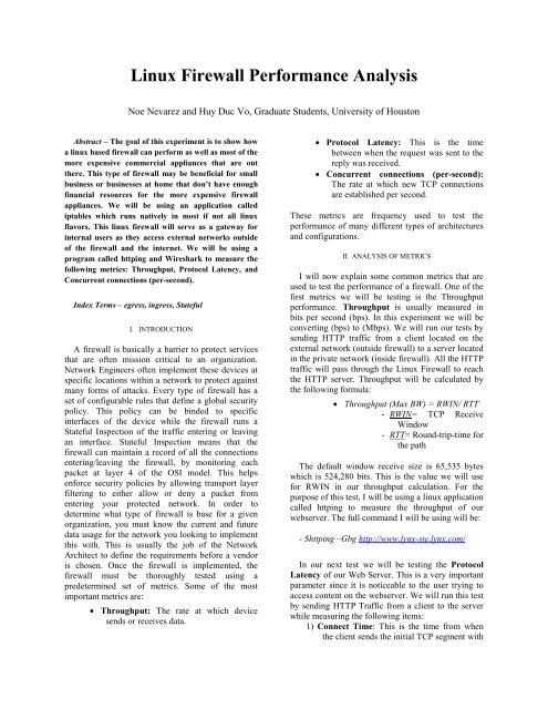 Linux Firewall Performance Analysis - University of Houston