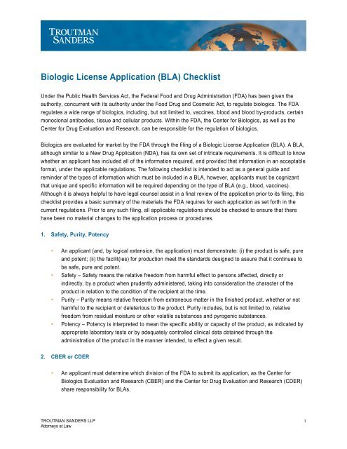 Biologic License Application (BLA) Checklist - Troutman Sanders LLP