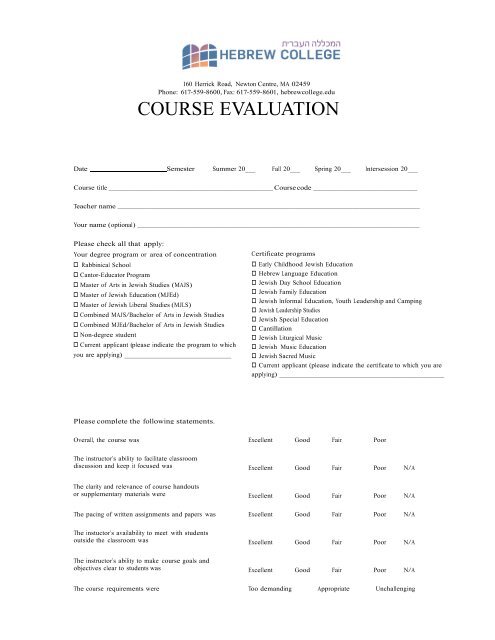 Course Evaluation Form - Hebrew College