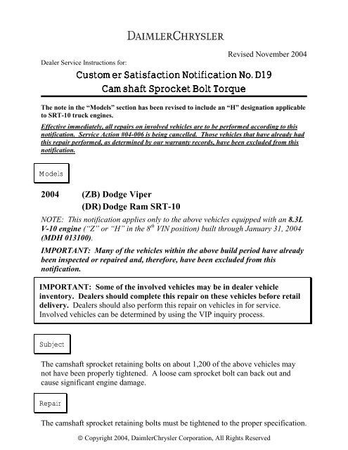 Engine Camshaft Sprocket Bolt Torque - Viper Club of America