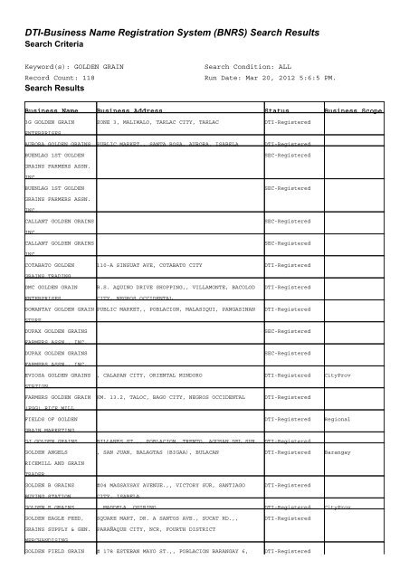 DTI-Business Name Registration System (BNRS) Search Results