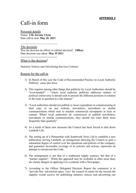 Call-in form - Lambeth Council