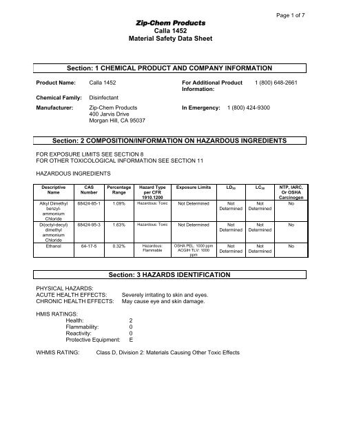 Zip-Chem Products Calla 1452 Material Safety Data ... - SkyGeek