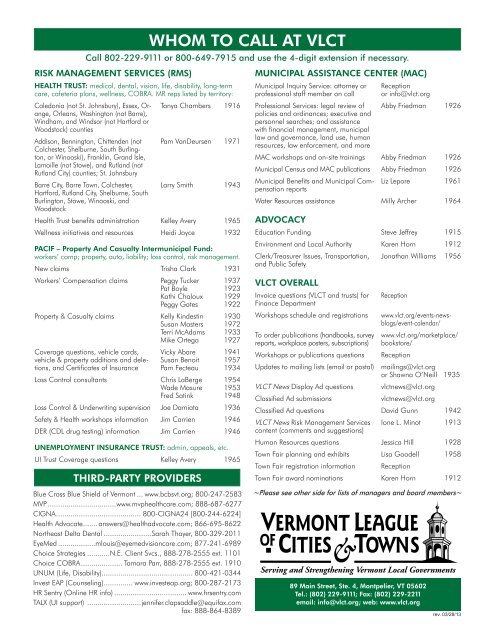 Whom to Call at VLCT - Vermont League of Cities and Towns