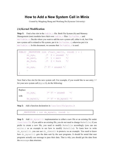 How to Add a New System Call in Minix