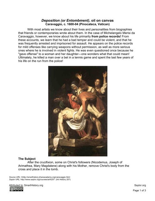 Entombment Of Christ By Caravaggio Description