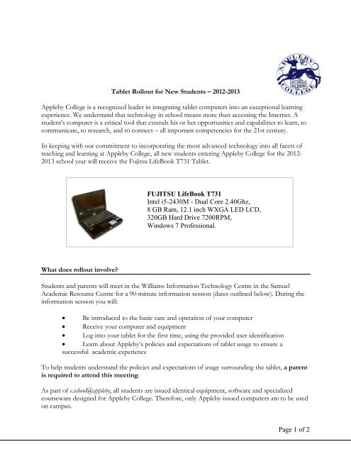 Page 1 of 2 Tablet Rollout for New Students ... - Appleby College
