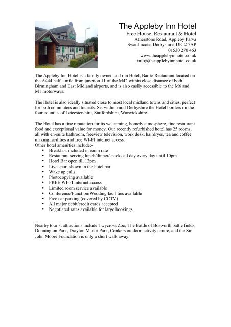 The Appleby Inn Hotel Bar Meal Menu