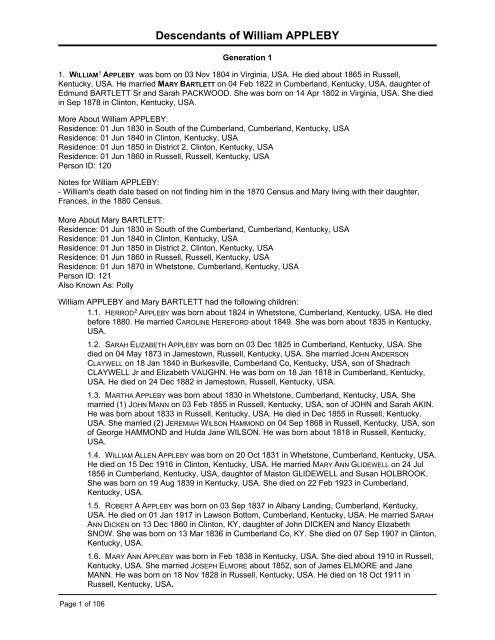 Descendants of William APPLEBY