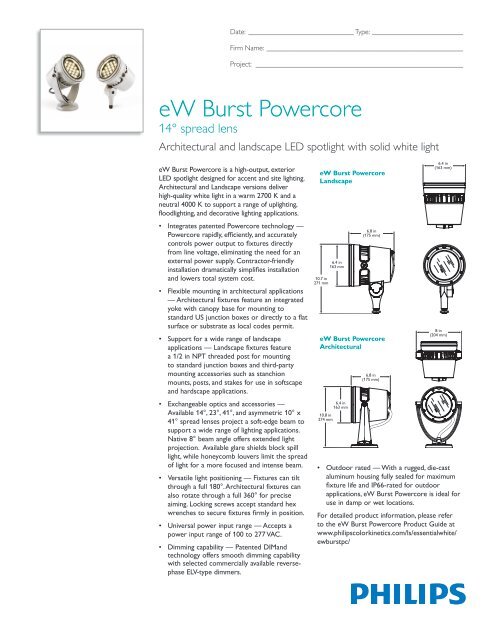 eW Burst Powercore 14° Specification Sheet - Color Kinetics