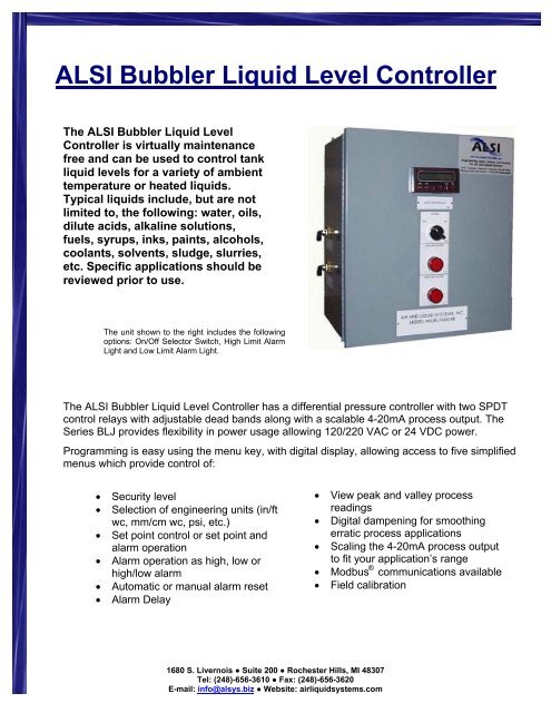 ALSI Bubbler Liquid Level Controller - Air and Liquid Systems, Inc.