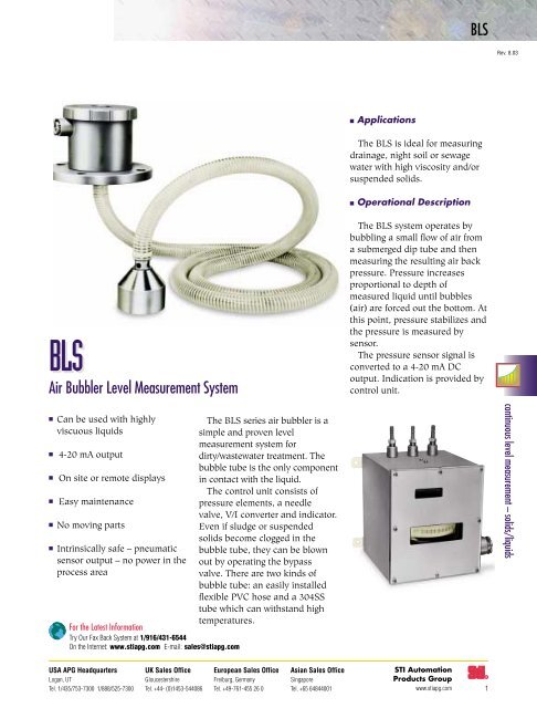 BLS Air Bubbler Level Measurement System - Hoskin Scientifique Ltée