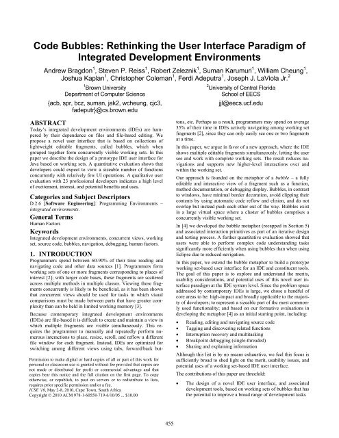 Code Bubbles: Rethinking the User Interface Paradigm of Integrated ...