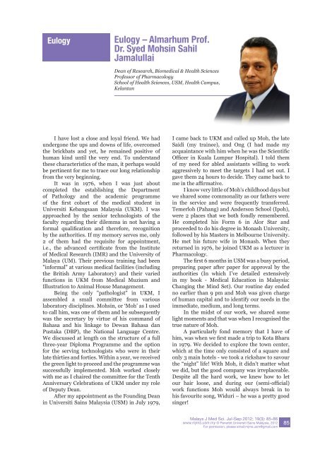 Eulogy – Almarhum Prof. Dr. Syed Mohsin Sahil Jamalullai - USM