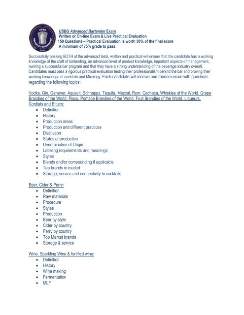 Advanced Bartender Study Outline - the USBG