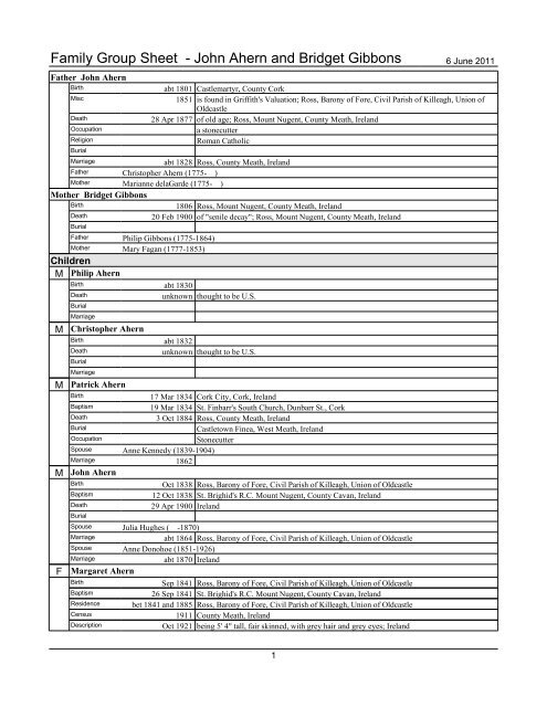 Family Group Sheet - John Ahern and Bridget Gibbons