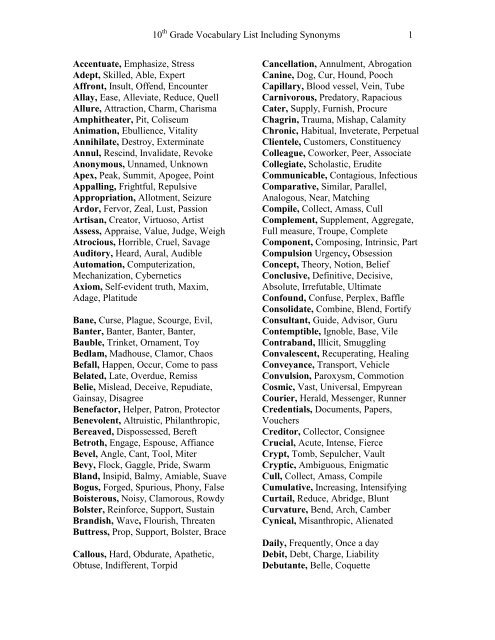 10th Grade Vocabulary List pdf