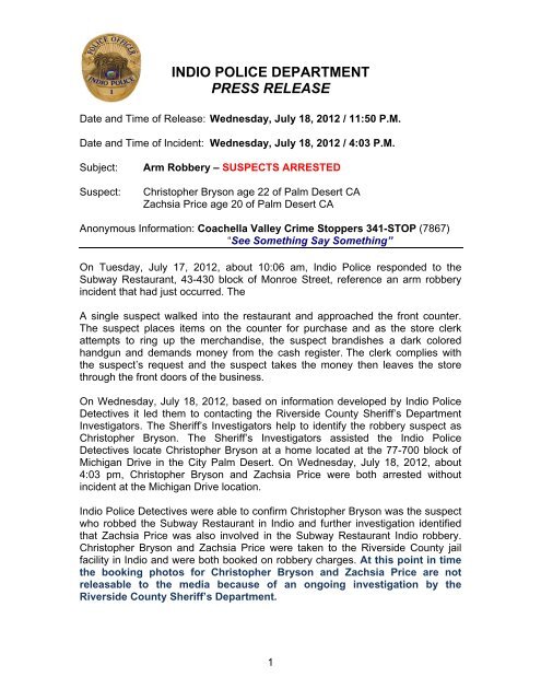 Subway robbery leads to arrest - Indio Police Department