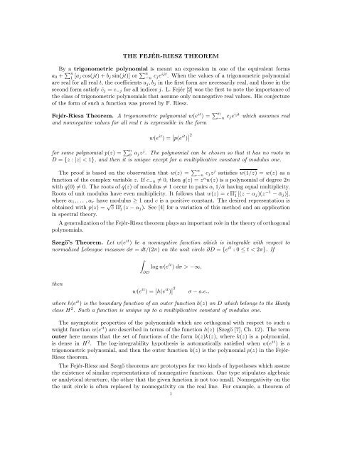 The FejÉr Riesz Theorem By A Trigonometric Polynomial Is