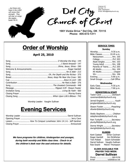 Order of Worship Evening Services - Del City Church of Christ