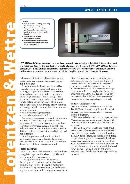 L&W ZD Tensile Tester measures internal bond strength (paper's ...