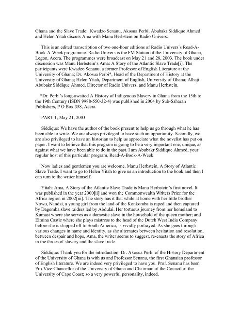 Ghana and the Slave Trade - Manu Herbstein prizewinning author