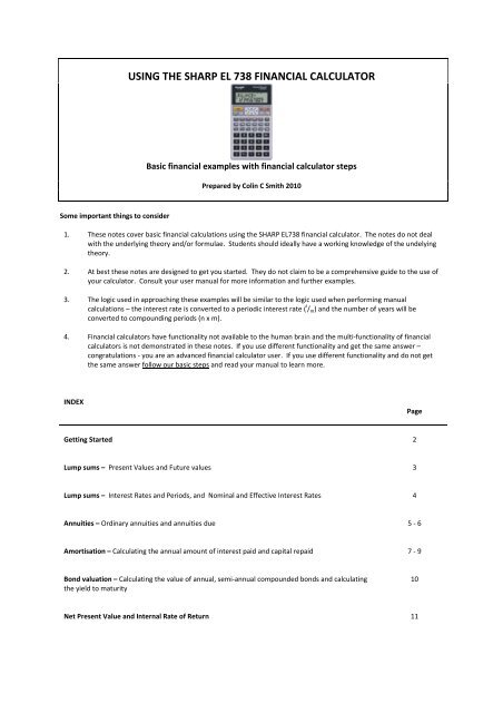 USING THE SHARP EL 738 FINANCIAL CALCULATOR