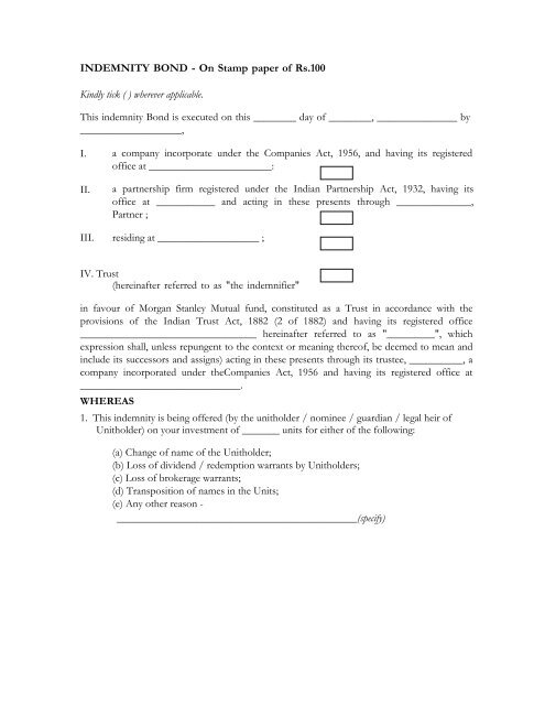 INDEMNITY BOND – On Stamp paper of Rs - Morgan Stanley