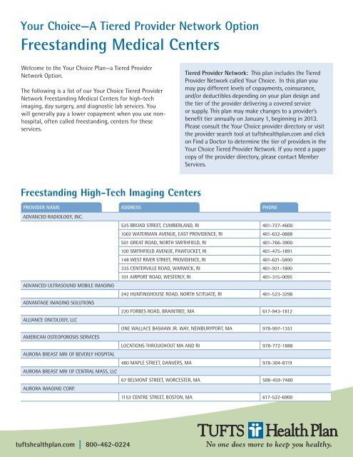 Your Choice Freestanding Medical Centers - Tufts Health Plan