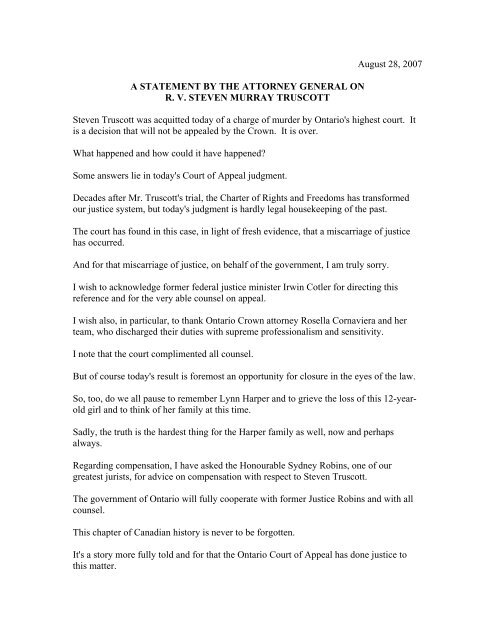 a statement by the attorney general on rv steven murray truscott