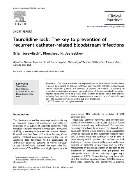 Taurolidine lock: The key to prevention of recurrent ... - Chemomedica