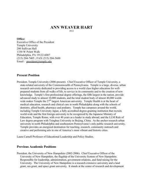 Dr. Ann Weaver Hart Curriculum Vitae - Arizona State University