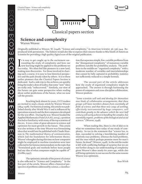 Science and complexity Classical papers section