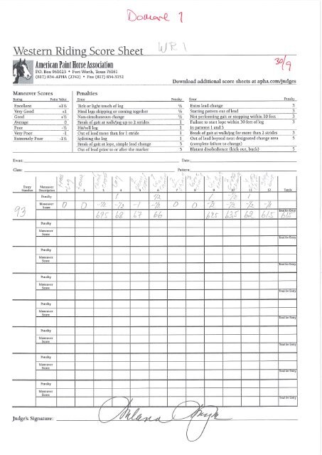 Western Riding Score Sheet ME \ - Spha